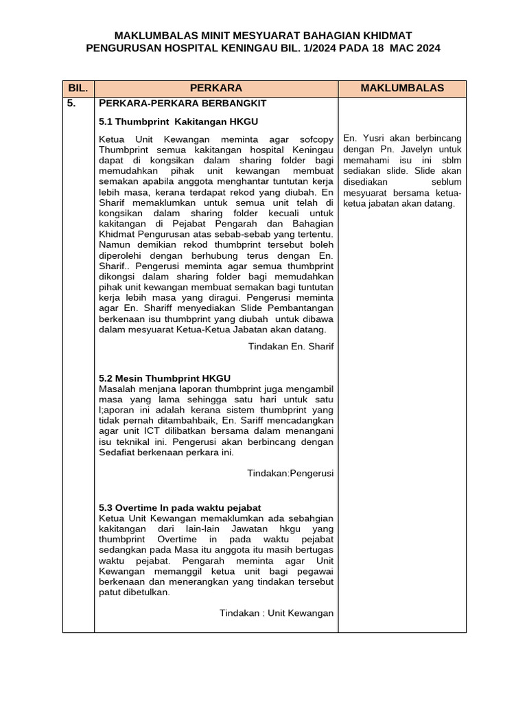 Maklumbalas Minit Mesyuarat BKP | PDF