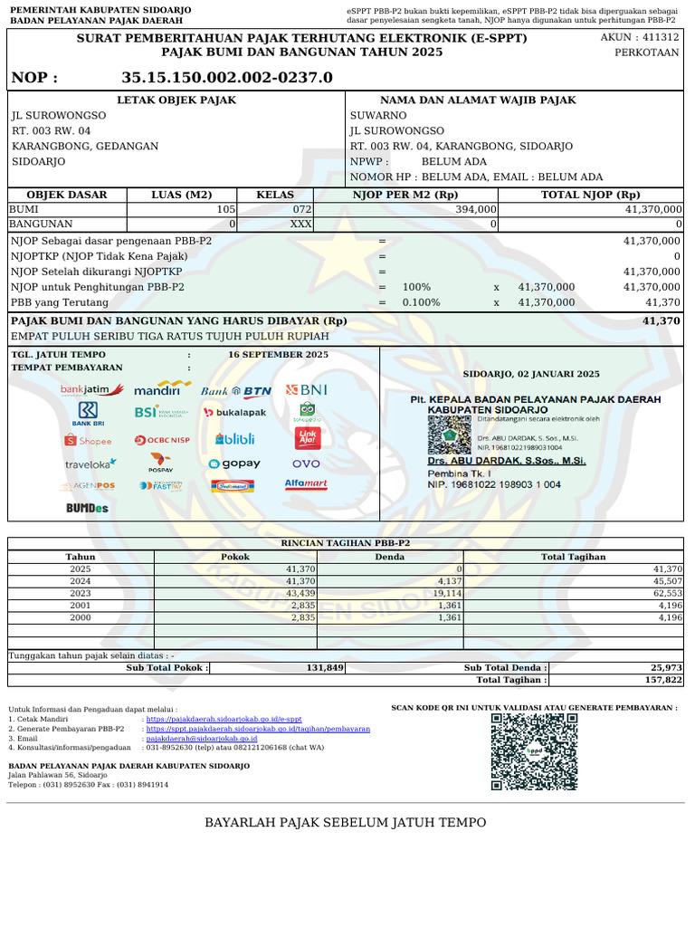 Contoh SPPT Pajak PBB | PDF