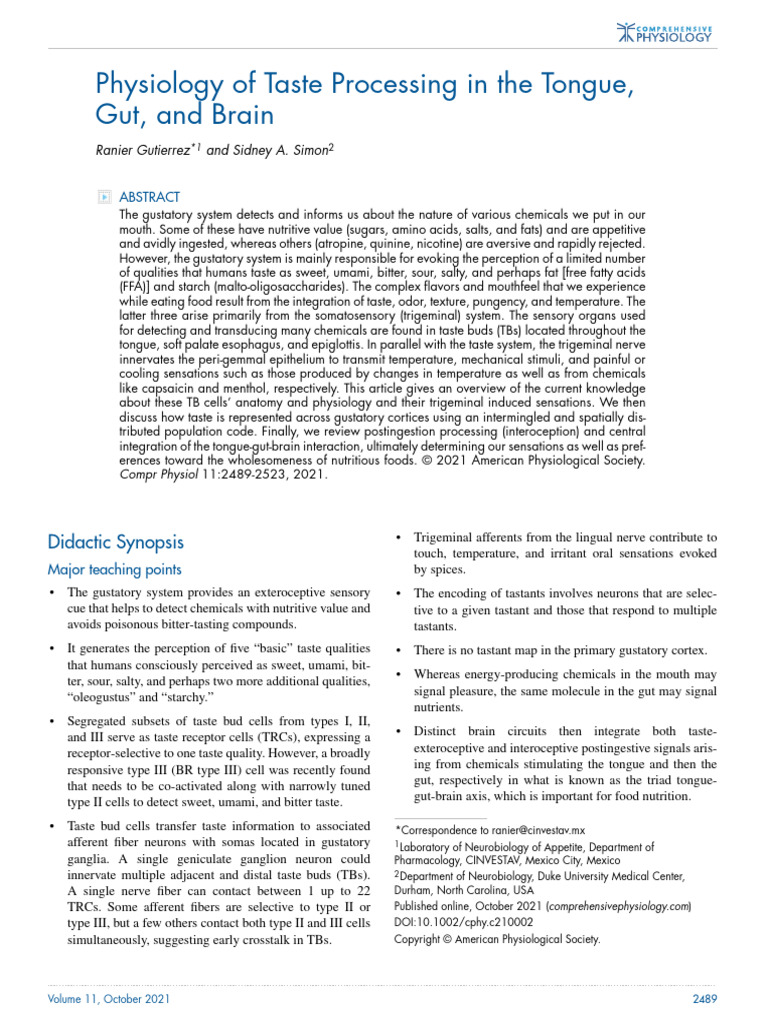 Comprehensive Physiology - 2021 - Gutierrez - Physiology of Taste Processing in the Tongue Gut ...