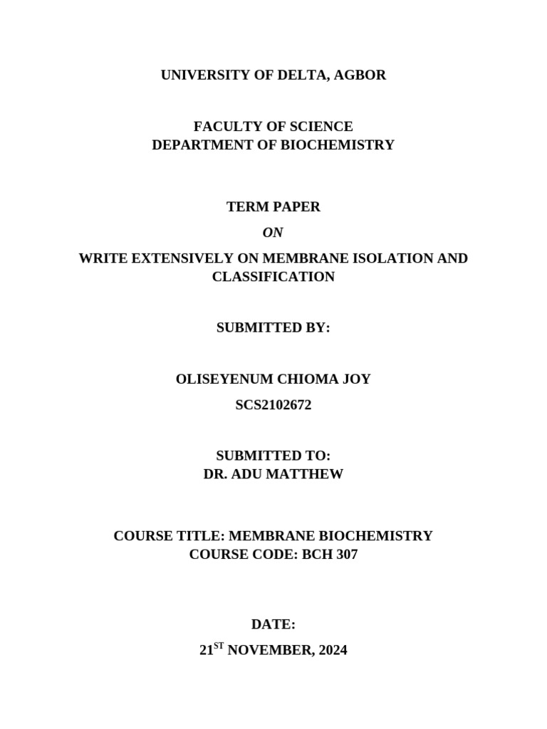 Biochemistry Term Paper Front Page | PDF