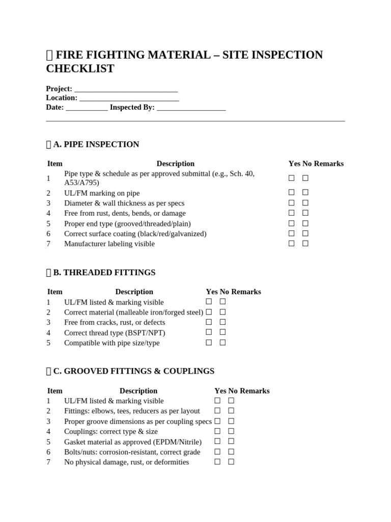 Fire Fighting Pipe & Fittings - Check List | PDF