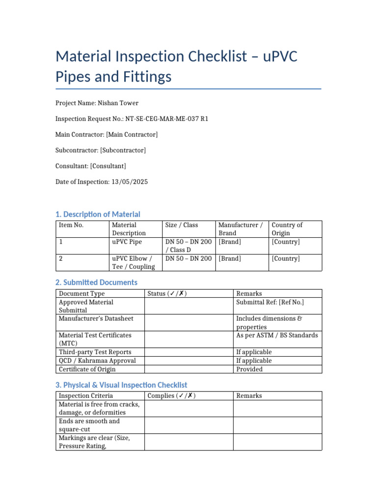 uPVC Pipe Inspection Checklist for Nishan Tower | PDF