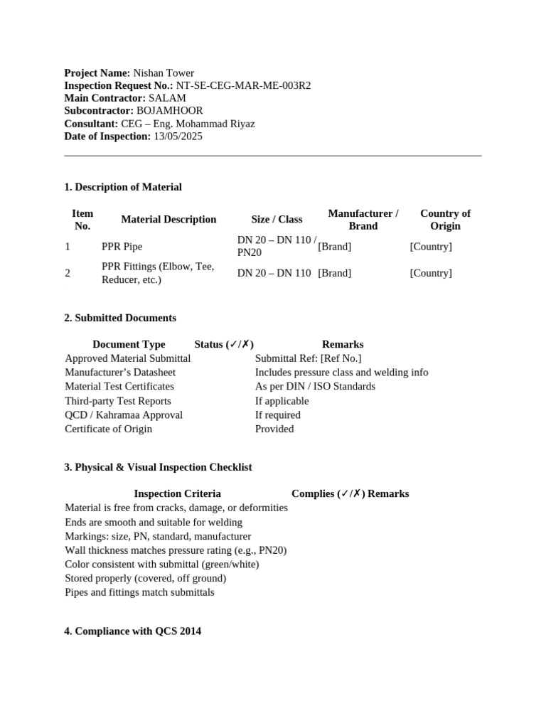 PPR Pipe & Fittings - Check List | PDF
