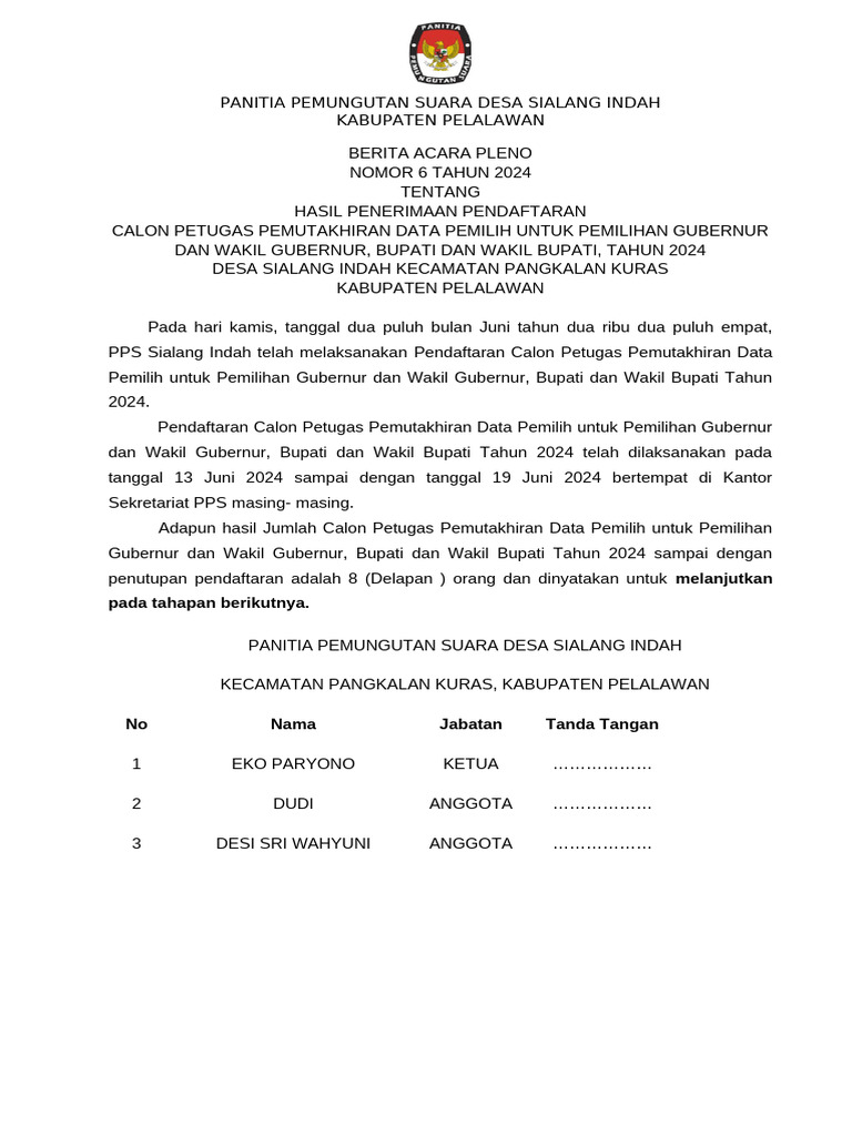 Berita Acara Hasil Penerimaan Pendaftaran Pantarlih | PDF