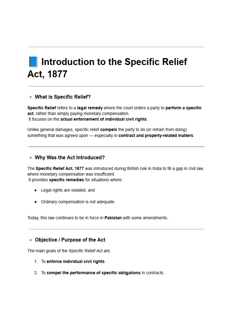 Overview of the Specific Relief Act 1877 | PDF | Legal Remedy | Equity ...