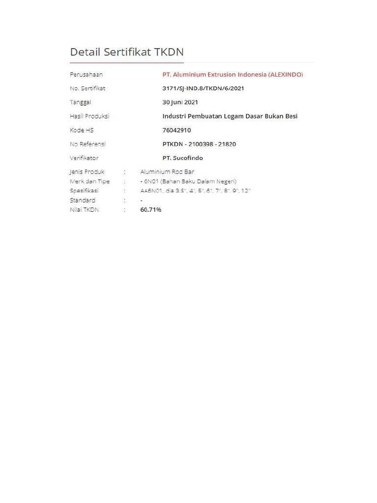 TKDN Alumunium Alexindo | PDF