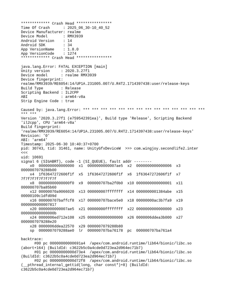 Unity Crash Report for realme RMX3939 | PDF | Tablet Computer | Smartphone