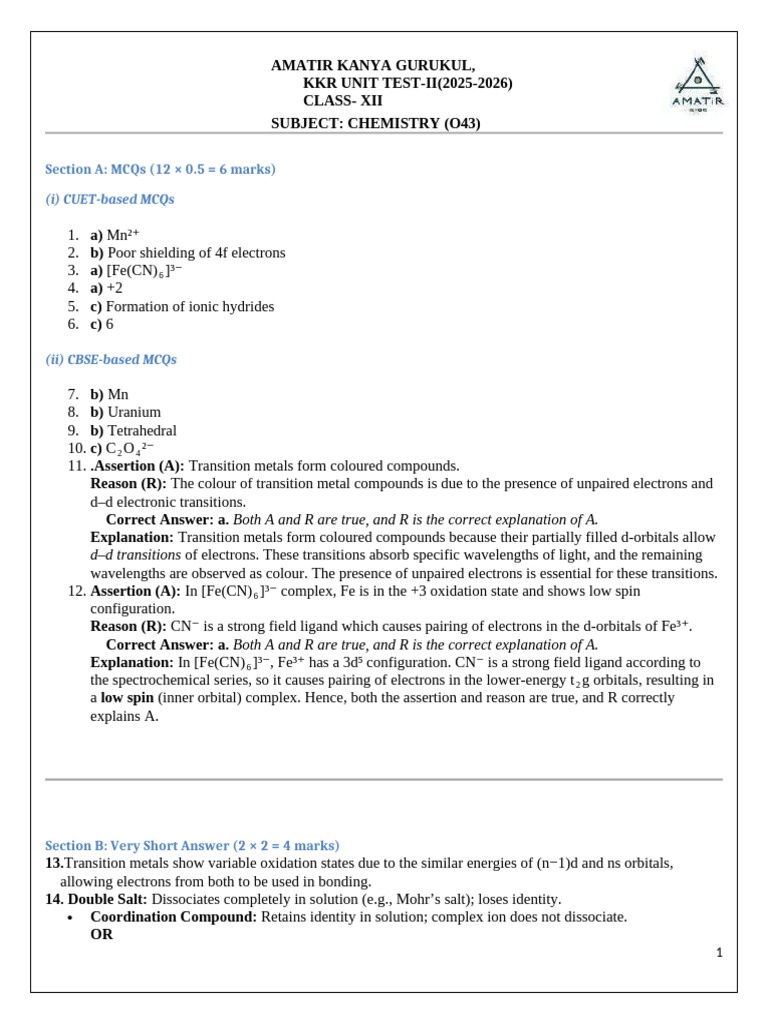 Class XII Chemistry Unit Test II Guide | PDF | Coordination Complex ...