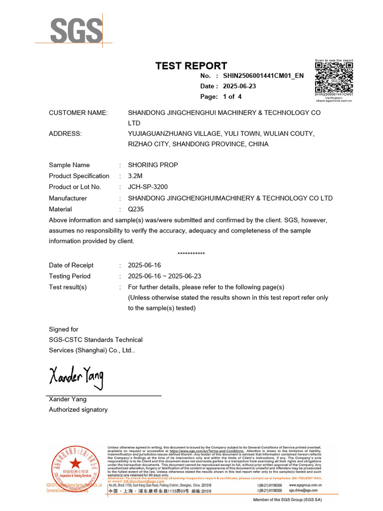 JCH 3.2m Shoring Prop Failure Loading Test Report - SHIN2506001441CM01 ...