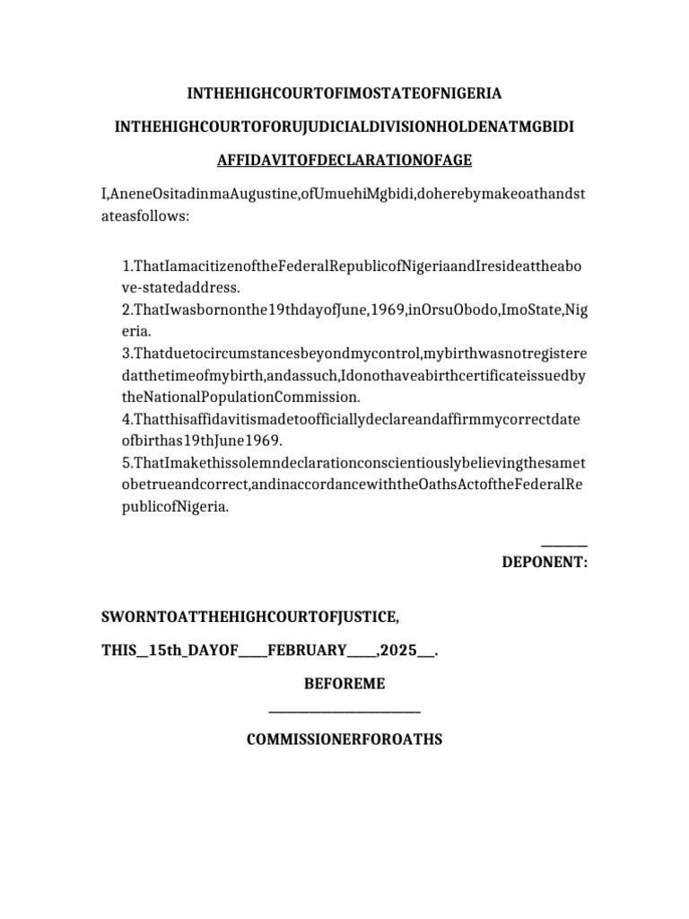 Affidavit of Declaration of Age Anene Ositadima | PDF