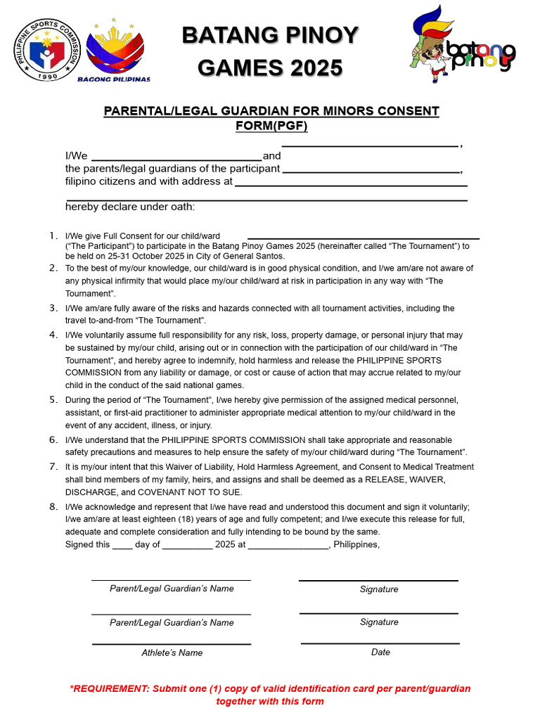 Batang Pinoy Games Parentallegal Guardian For Minors Consent Form | PDF ...
