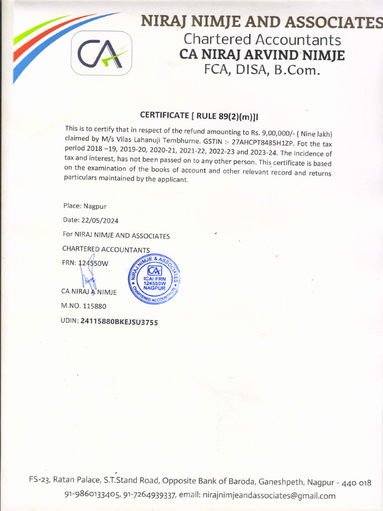 Certificate For GST Refund | PDF