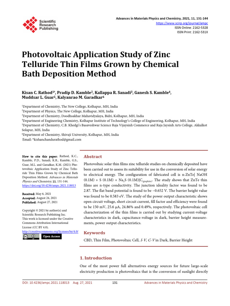 Zinc Telluride for Photovoltaic Cells | PDF | Photovoltaics | Solar Cell
