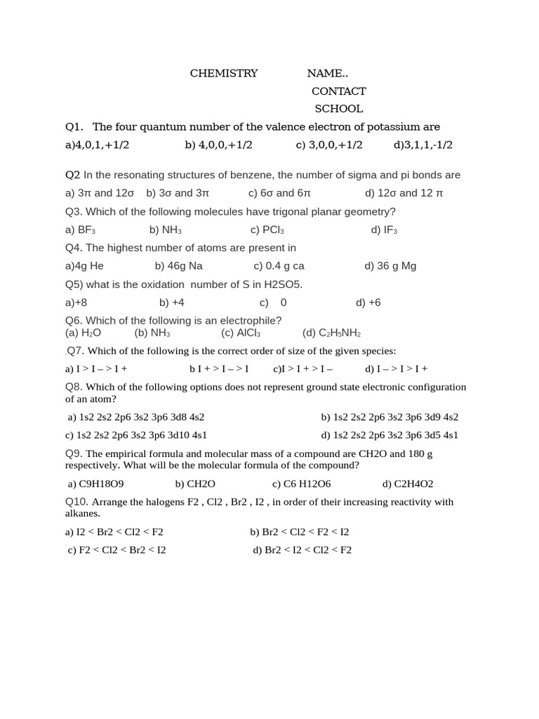 Chemistry Test | PDF