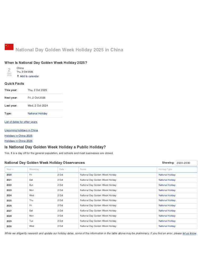 National Day Golden Week Holiday 2025 in China | PDF | Holidays ...