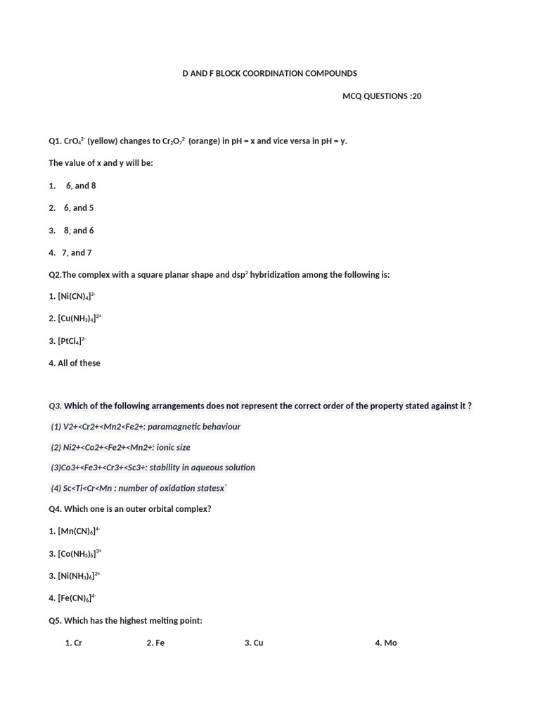 D and F Block Coordination Compounds Mcqs | PDF | Isomer | Sets Of Chemical Elements