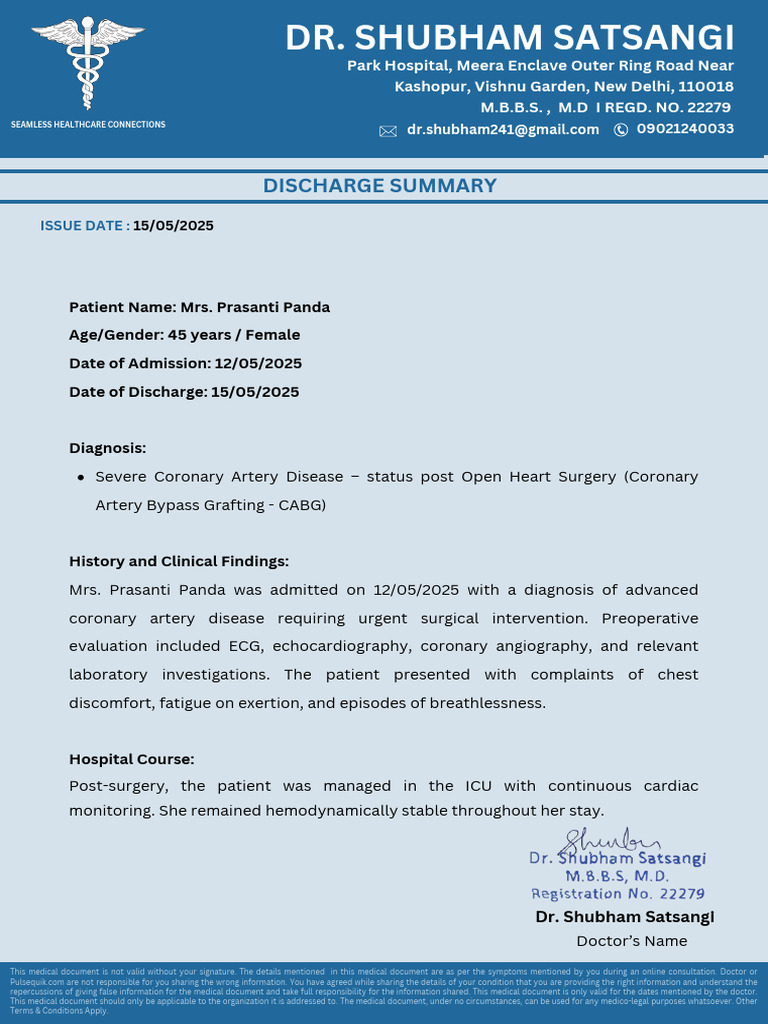 Mrs. Panda Discharge Summary | PDF | Coronary Artery Bypass Surgery ...