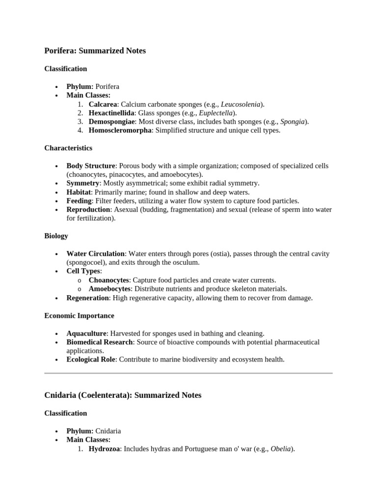 Porifera and Cnidaria Worksheet | PDF | Sponge | Venomous Animals