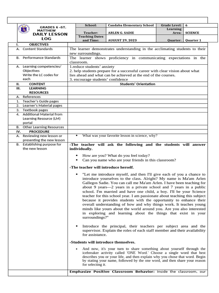 Orientation Plan Arlen | PDF | Teachers | Learning