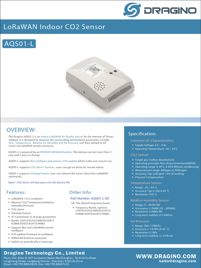 Datasheet - AQS01-L - LoRaWAN Indoor CO2 Sensor | PDF | Carbon Dioxide | Sensor