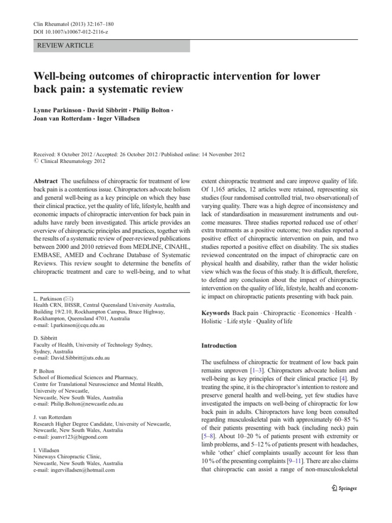 Well-Being Outcomes of Chiropractic Intervention For Lower | PDF ...