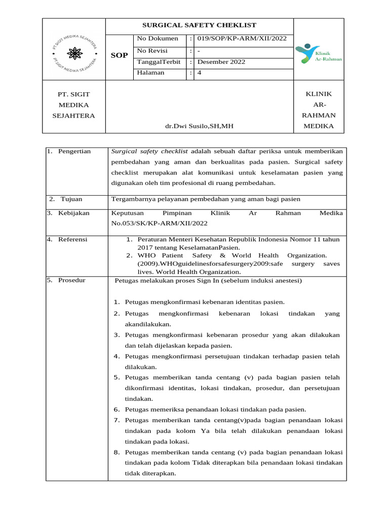 Ep 5 Sop Surgical Safety Cheklist | PDF
