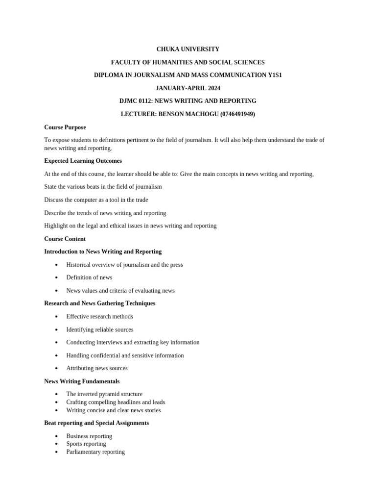 News Writing Course Outline | PDF | Journalism | News