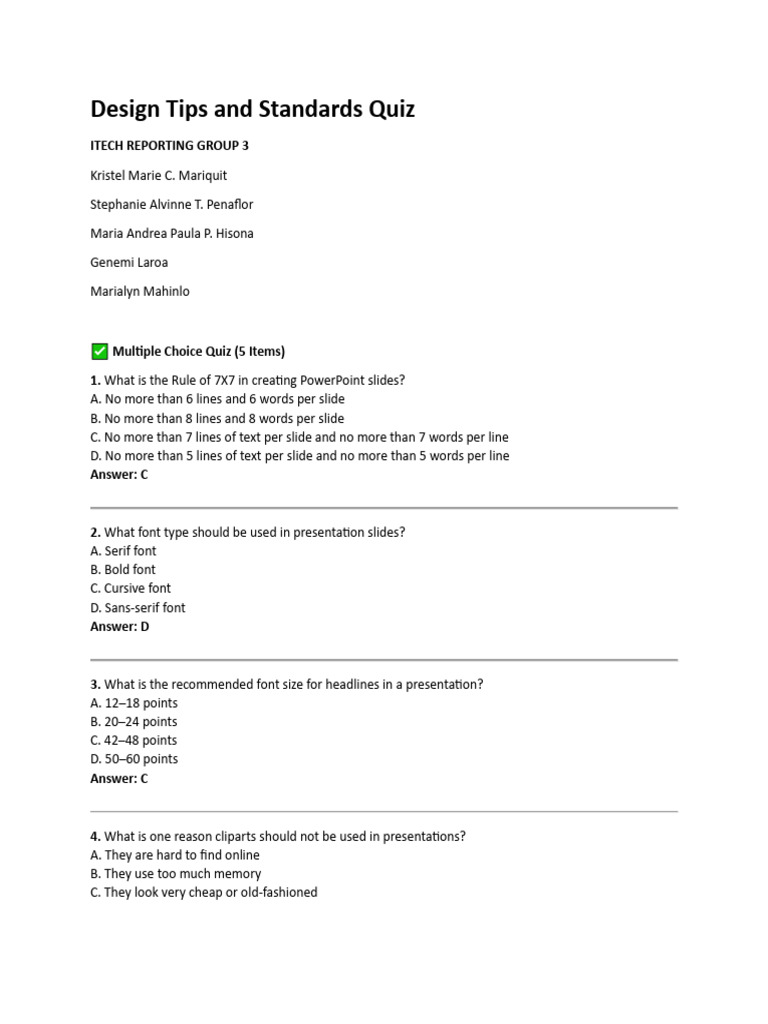 Design Tips and Standards Quiz - Group 3 - Itech G401 | PDF