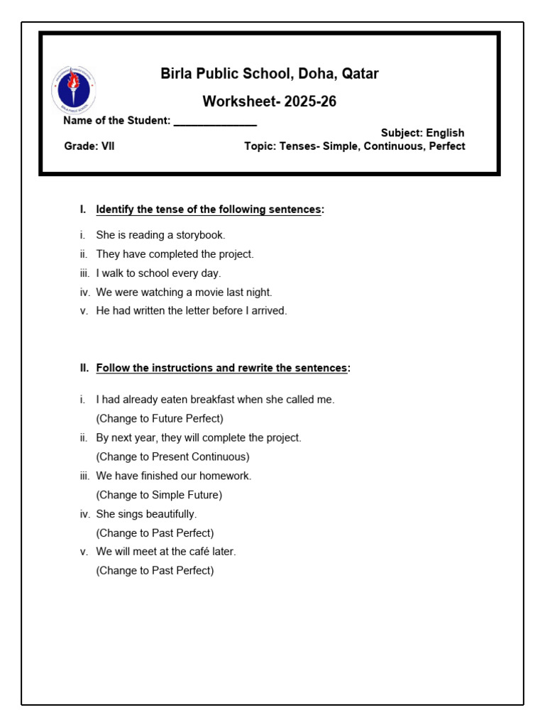 English Tenses Worksheet for Grade VII | PDF