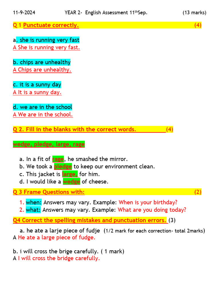 Assessment Question Mark Fullstop Capitalization-Ge-Dge Words - Answer ...