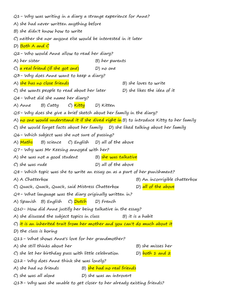 Anne Frank Diary MCQ Practice Test | PDF