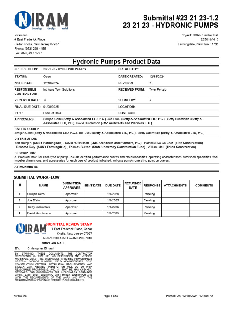 Hydronic Pumps Product Data Submission | PDF | Pump | Bearing (Mechanical)