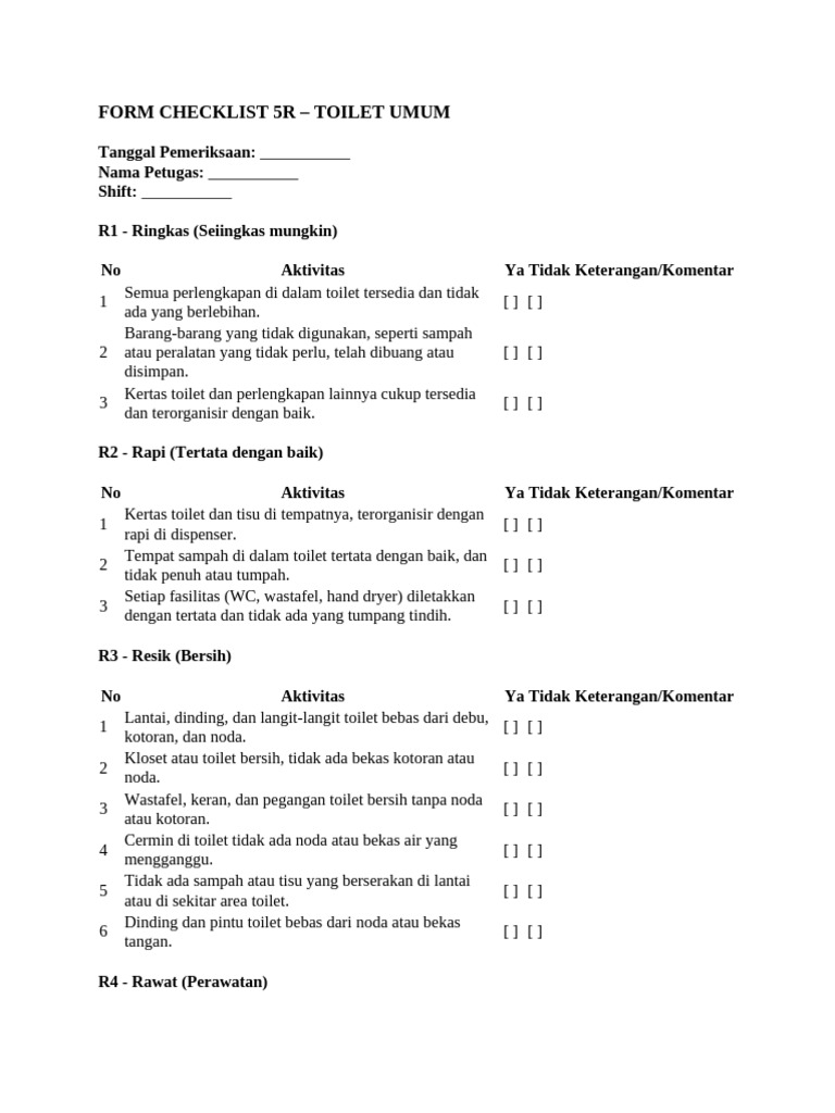 Contoh FORM CHECKLIST 5R Toilet Umum | PDF