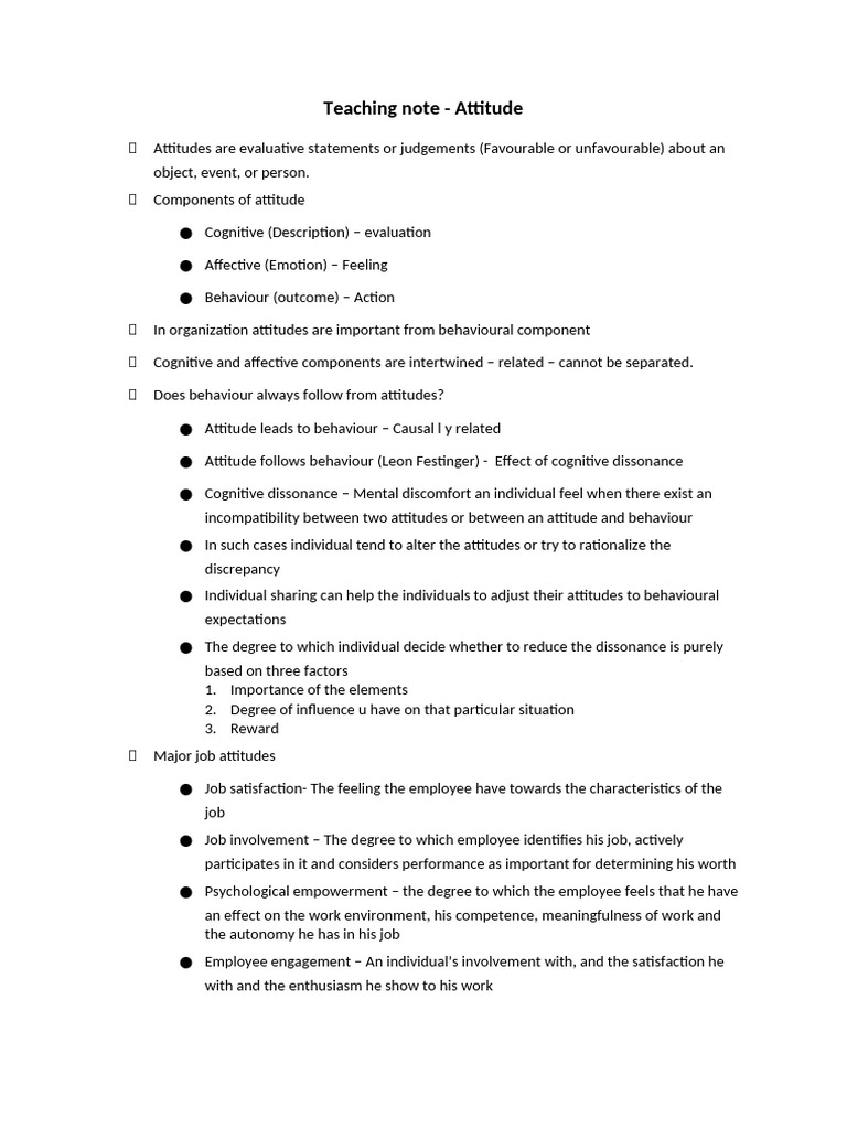 Class Teaching Note Attitude | PDF | Attitude (Psychology) | Behavior