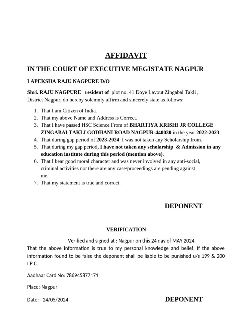 Affidavit Apeksha Nagpure | PDF