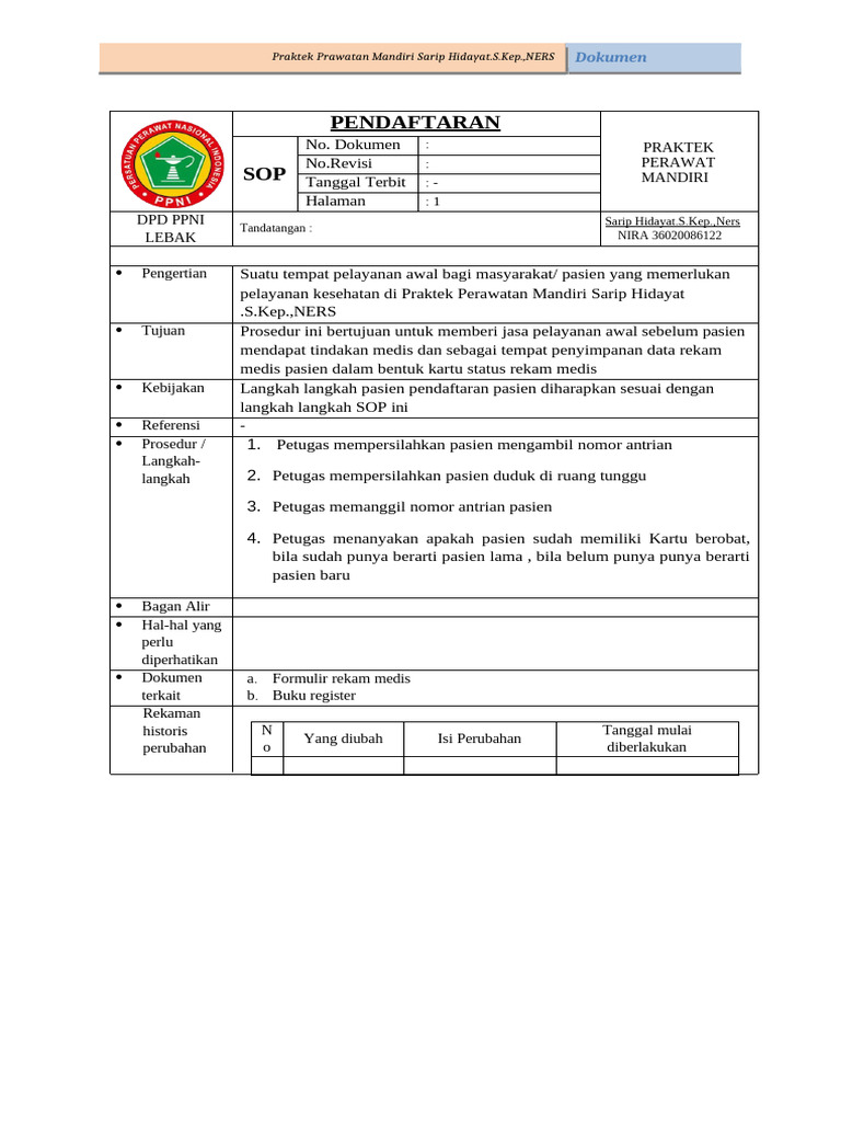 Sop Praktek H. Sarip Hidayat Ners | PDF