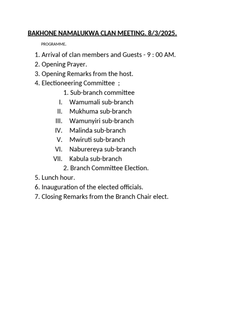 Bakhone Namalukwa Clan Meeting Agenda | PDF