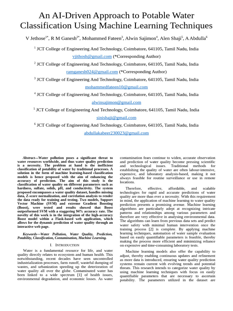 An AI-Driven Approach To Potable Water Classification Using Machine Learning Techniques ...