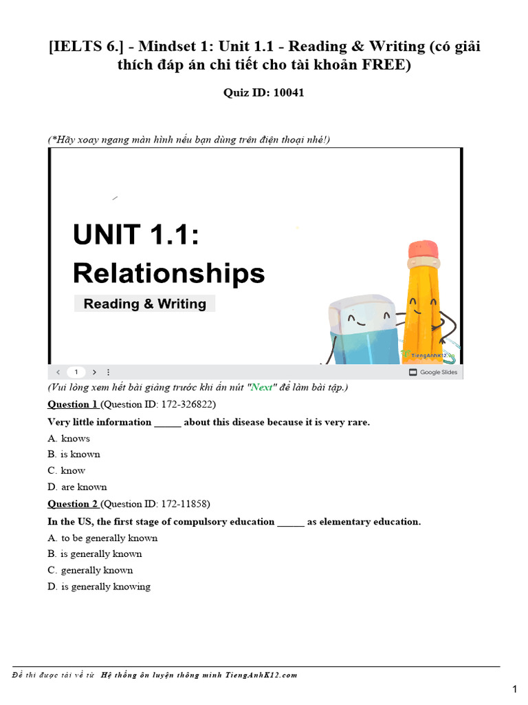 Quiz 10041 Ielts 6 Mindset 1 Unit 11 Reading Writing Co Giai Thich Dap an Chi Tiet Cho Tai Khoan ...