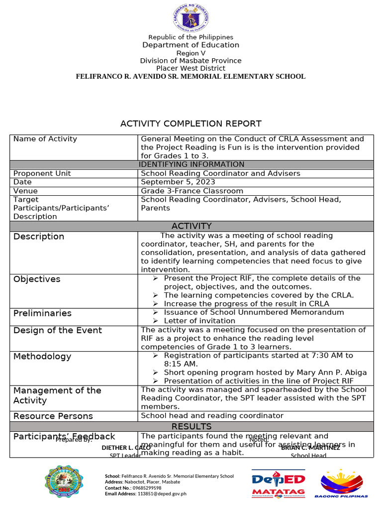 Activity Completion Report | PDF | Teachers | Learning