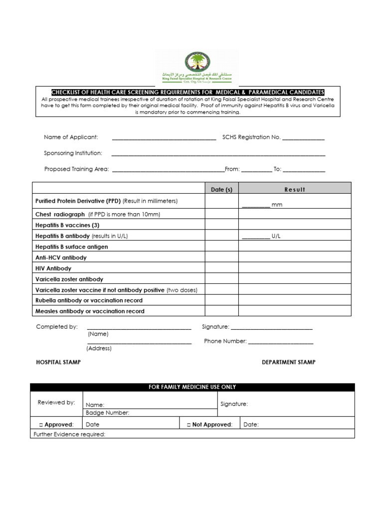 Checklist of Health Care Screening Requirements For Medical ...