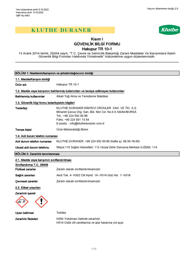 Boyahane Hakupur TR 10-1 - MSDS - TR | PDF