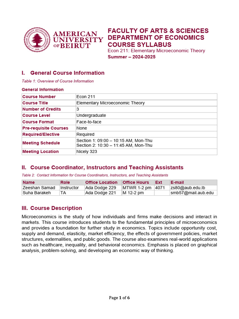Econ 211 Microeconomic Theory Syllabus | PDF | Monopoly | Economics
