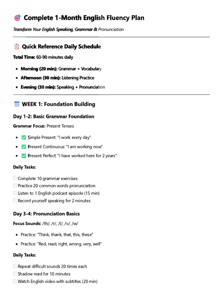 Complete 1-Month English Fluency Plan - Downloadable Guide | PDF