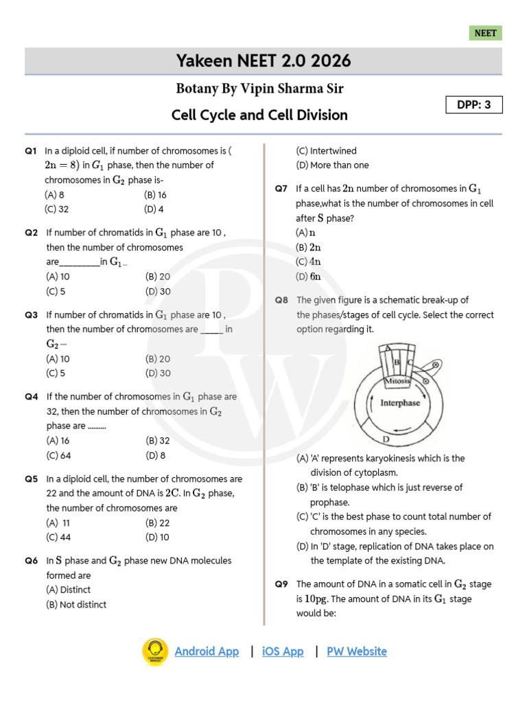 Cell Cycle and Cell Division DPP 03 Botany by Vipin Sha | PDF | Mitosis | Chromosome