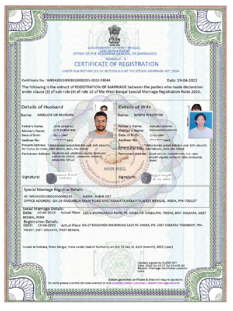 West Bengal Marriage Certificate Sample | PDF