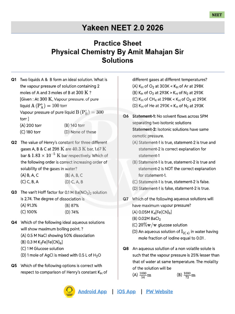 Solutions Practice Sheet Physical Chemistry by Amit Mahajan Sir | PDF