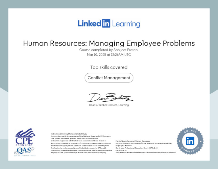 CertificateOfCompletion - Human Resources Managing Employee Problems | PDF