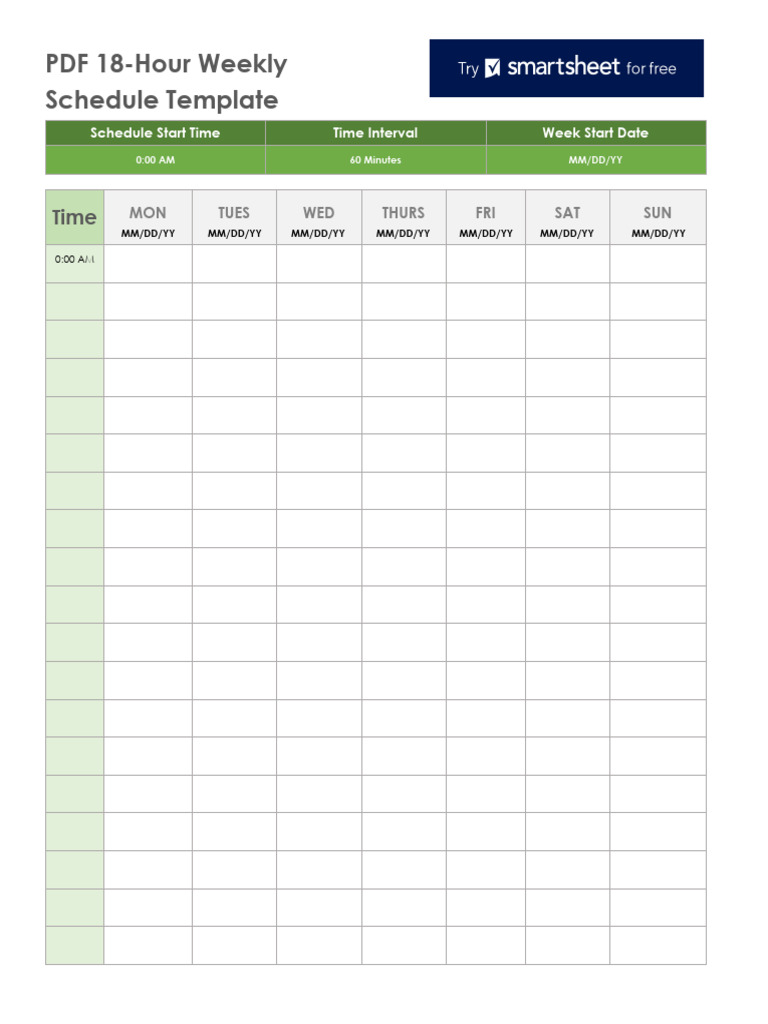 18-Hour Weekly Schedule Template | PDF