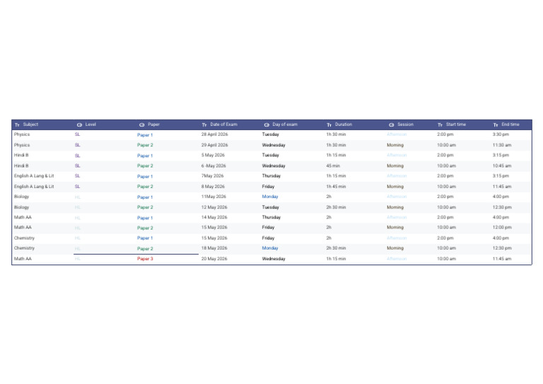 IB May 2026 Exam Schedule | PDF